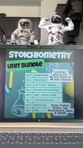 Megan Denman 👩🏻‍🔬💖 on Instagram: "✨Stoichiometry Unit Bundle✨ 💚Day 0: Escape to Stoichiometry - Digital Escape Room intro to hook students and review balancing/moles. 💚Day 1: Mole Ratios - S’Mole Ratios activity, Notes on Moles-to-Moles Conversions, and digital check-for-understanding via chemquiz.net. 💚Day 2: Stoichiometry of S’mores - Notes on 2 & 3 Step Conversions and the fan-favorite “Stoichiometry of S’mores” Lab (using Teddy Grahams & Chocolate Chips). 💚Day 3: Stoichiometry Table 