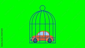 Car inside lock cage. Debt personal car. Fine, arrest, loan of movable property. Auto in birdcage. Trendy animation in 2D flat style. Red car. An object is in motion, drove up, stopped. Alpha channel