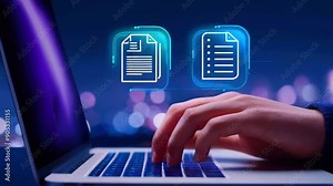 A person's hand is typing on a laptop keyboard. Two icons, one of a document and one of a checklist, are hovering above the keyboard.