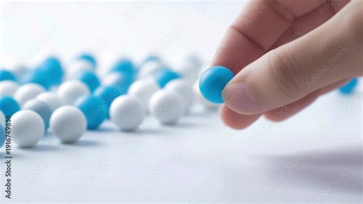 Hand picking single blue sphere from many white spheres minimal concept, leadership decision making strategy selection, business management choice differentiation individuality problem solving backgro