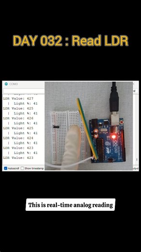 Ashish Dixit – ADE2 Workshop on Instagram: "LDR Sensor Value on Serial Monitor 🌗📟 Beginner Arduino project 👍 Is project me hum ✔️ LDR sensor se light read karte hain ✔️ Serial Monitor par live value dekhte hain Light badhao → value badhti hai Cover karo → value gir jati hai 🔧 Ye base hai automatic street light jaise projects ka 👍 Follow @ade2workshop Seekho. Samjho. Build Karo. #arduino #ldr #sensor #beginner #serialmonitor ade2workshop"
