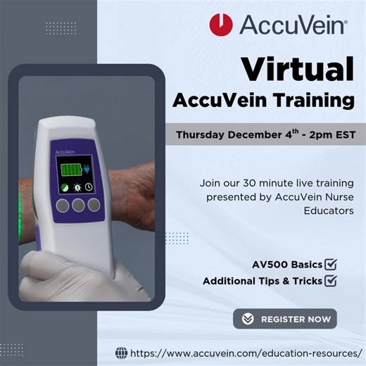 AccuVein on Instagram: "Don’t forget to join our 30-minute monthly virtual training session led by an AccuVein nurse educator. Learn the basics of your AV500 device + tips and tricks! Register now at the link in our bio (a Zoom link will be sent upon registration)! Thursday December 4th – 2pm EST/1pm CST/12pm MST/11am PST #AccuVein #VascularAccess #NurseEducation"