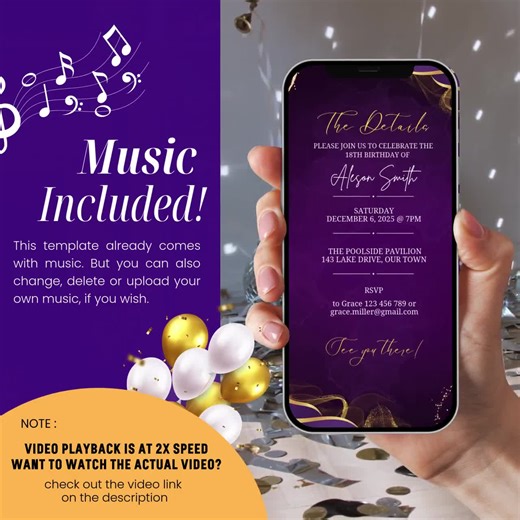 Purple Gold 18th Birthday Video Invitation, Canva Template (digital Download) - Etsy