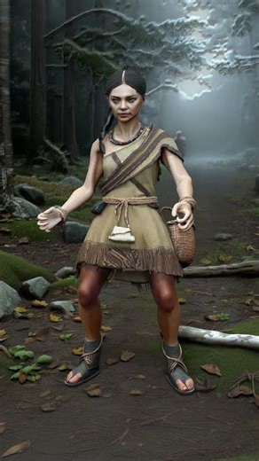 semi-realistic game character, realistic textures, high detail: a wiry prehistoric gatherer woman...