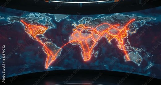 Opening curved display in command center, showing world map overlay with glowing nodes, light arcs