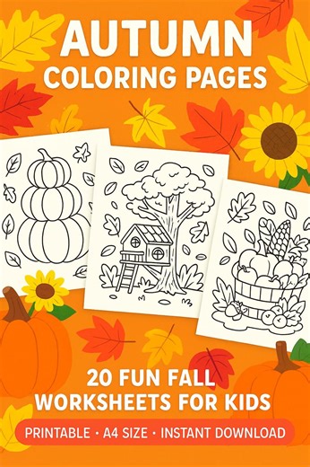 Autumn Coloring Pages | 20 Fall Worksheets for Kids | Printable A4 Instant Download | Pumpkin, Leaves, Treehouse, Harvest Basket - Etsy