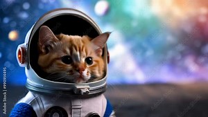 Adorable space cat wearing an astronaut suit exploring outer space. A cute and playful video of a space cat dressed in a mini astronaut suit, floating through the cosmos. generative AI