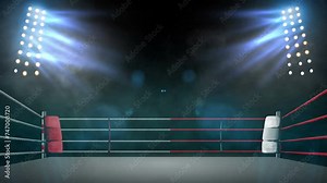 Boxing ring ready for fight. Animation of sport arena and shining spotlights. Indoor sport 4k video background.