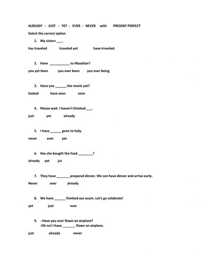 ALREADY - JUST - YET - EVER - NEVER with PRESENT PERFECT worksheet