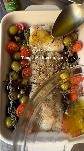 Mediterranean style Baked Cod recipe takes just 15 minutes to prep.