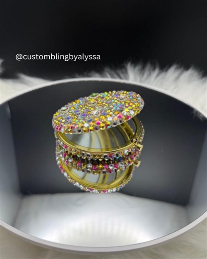 Hand Bedazzled Mini Metal Makup Mirror With Glass Flat-back Rhinestones Gold - Etsy