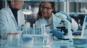 Modern Medical Research Laboratory: Portrait of Black and Caucasian Young Scientists Using Microscope, Digital Tablet, Doing Sample Analysis, Talking. Diverse Team of Specialists work in Advanced Lab