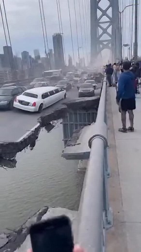 Straight out of a movie scene Witnesses caught the exact moment a bridge started collapsing — a long limousine now hangs halfway over the gap. Everyone’s watching in disbelief, holding their breath as the car teeters on the edge. #wow #ai #fail #really #crash #bridgecollapse #limousine #epicmoment #viralvideo #disaster #reallife #what #shit #no #wtf #earthquake #city | The.worldai