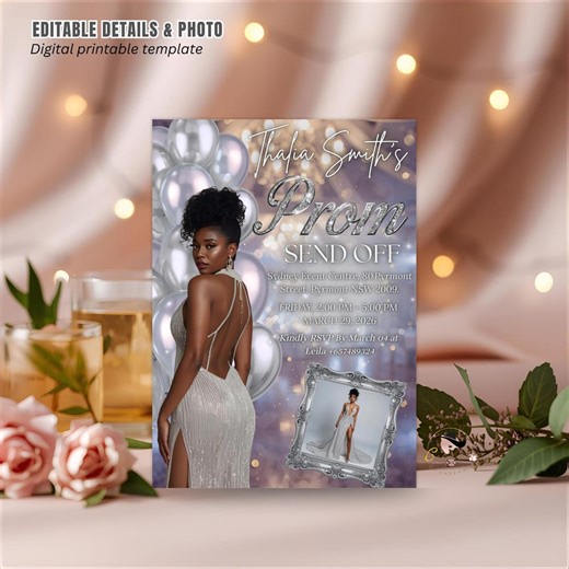 Editable Prom Send off Party Invitation White Silver Woman Prom Night With Photo Invite, Digital Hollywood Theme Celebration Template, PRM14 - Etsy