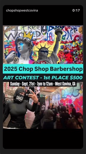Don’t miss out if any artists interested in the Art Contest dm his IG page @chopshopwestcovina there will be security there leave the drama at home 1st Place winner wins $500.00 mark you calendars Sunday September 21st 7 PM to 12 AM City Of West Covina @ChopShopJohn #artcontest #tagcontest #graffitiart #nodrama #westcovina
