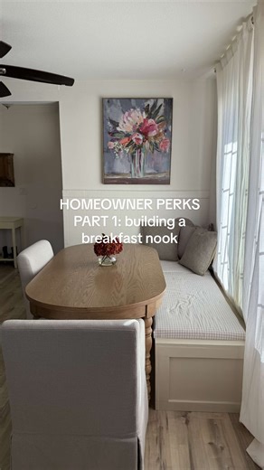 What do you think?! I am so happy 🥹 next up: wallpaper, new light fixture, window shutters, and a different table (sadly 😩). I am so excited to make this a cozy space where we hangout & eat together! #breakfastnook #diyproject #homeownershipjourney #homeimprovement #diyhomedecor