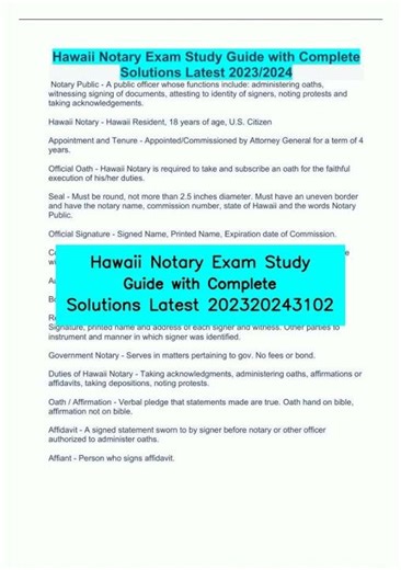 Hawaii Notary Exam Study Guide with Complete Solutions Latest 202320243102 video