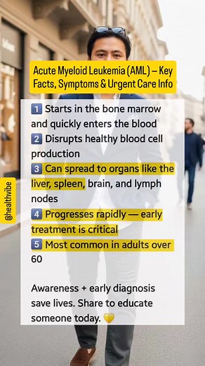 Acute Myeloid Leukemia (AML) — Key Facts, Symptoms & Urgent Care Info. Acute Myeloid Leukemia (AML) is a fast-growing cancer of the blood and bone marrow. It develops when the bone marrow produces abnormal myeloid cells, which push out healthy red and white blood cells and platelets. #AcuteMyeloidLeukemia #AML #LeukemiaAwareness #BloodCancerFacts #CancerEducation #BoneMarrowHealth #BloodDisorders #CancerAwarenessMonth #HealthAwareness #MedicalFactsDaily #StayInformed #EarlyDiagnosisSavesLives #O