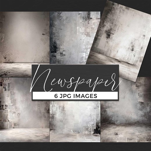 Neutral Newspaper Backgrounds, 6 JPG Digital Images, Light Grunge Paper Textures for Collage & Mixed Media Art Backdrop