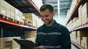 Warehouse accounting and bookkeeping. Smiling young Caucasian man stands in a warehouse with a clipboard and checks the statements for the presence of goods. Stock Video