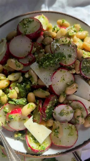 “I saw this recipe and was intrigued with the radish green pesto. I didn’t know people could eat the radish greens. This salad is amazing!!! I would definitely make this again!!!” 🥗 | Live Eat Learn