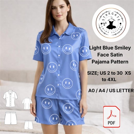 Light Blue Smiley Face Satin Pajama Pattern (digital Download) - Etsy