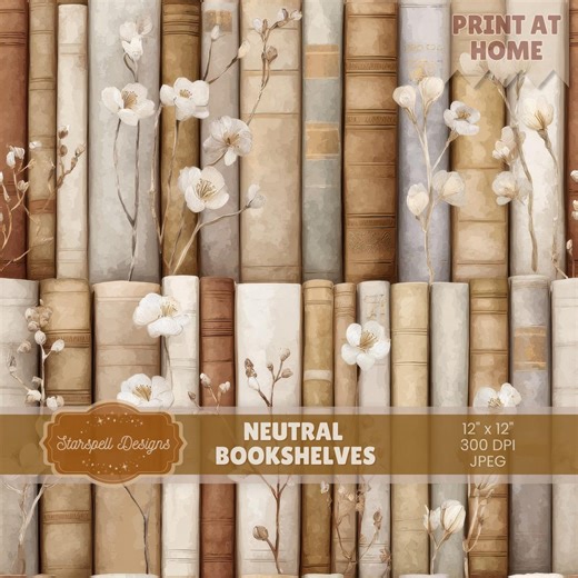 Neutral Bookshelves Seamless Pattern | White Floral Library Digital Paper for Fabric, Book Clubs, Libraries, POD & Cozy Designs - Etsy UK