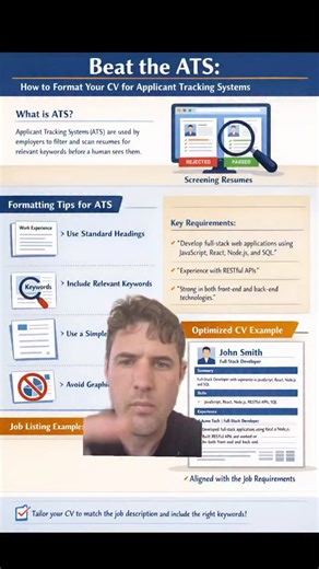 Your CV might be rejected before a human even sees it 🤯 That’s ATS (Applicant Tracking Systems). Learn how to format your CV, use the right keywords, and align it to the job so you actually get shortlisted. #schoolofit #careertips #cvhelp | School of IT