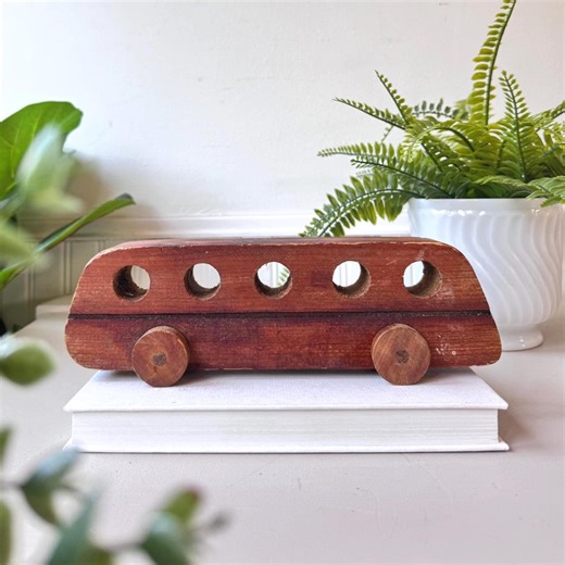 Vintage 1960s Handmade Wooden Bus Toy, MCM Mid Century Carved School Bus With Rolling Wheels - Etsy