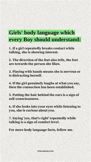 Read, Learn, Apply, Improve on Instagram: "Body language speaks even when words don’t. Small actions, subtle cues, and natural reactions often reveal comfort, curiosity, and connection. Understanding body language isn’t about assumptions it’s about awareness, respect, and emotional intelligence. Save this for later & follow for more psychology and body language facts ✨ #BodyLanguage #PsychologyFacts #HumanBehavior #SocialSkills #communication"