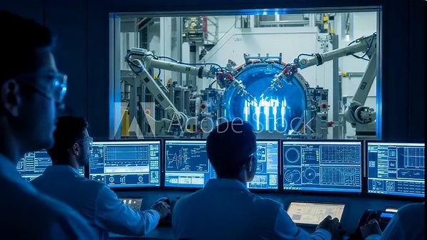 Engineers monitoring radiation levels through control panels while robotic tools process spent nuclear fuel in a sealed hotcell environment.