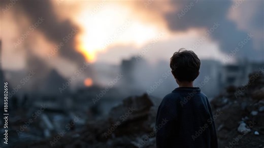 child standing alone in war-torn landscape, surrounded by ruins and smoke, symbol of loss and innocence in conflict, dramatic cinematic lighting war child, destroyed city, afterma 4K