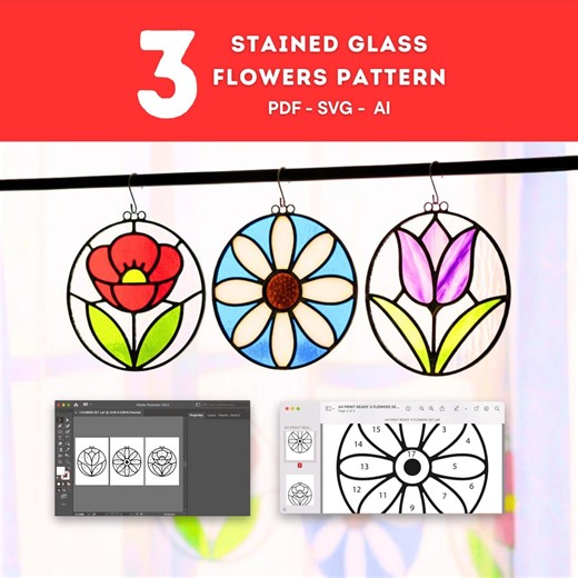 Beginner Stained Glass Flowers Pattern – Set of 3 Floral Suncatcher Templates (PDF SVG) - Etsy