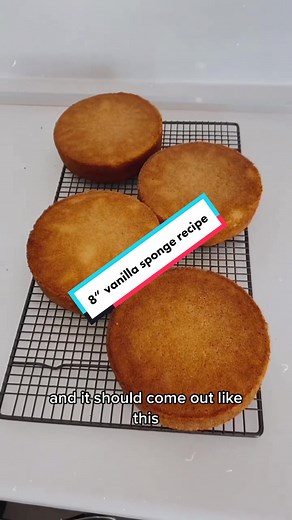 Replying to @Naomi Joy95 8” vanilla sponge cake recipe . TIPS • pre heat oven before starting to 160 degrees c • don’t open the door to the over at any point before the 25mins is up or they will sink • leave them to cool in the tins for 5 mins, take a butter knife and go around the edges and realease the cake • tins are masterclass tins from amazon 8”. #cakerecipe #vanillacake #vanillacakerecipe #cakemaking #fyp #bakingrecipe #bakingtips