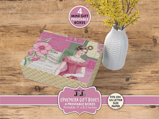 Printable Mini Gift Box, Ephemera Storage Box, Vintage Packaging, Pink Green Floral Design, Digital Download, Birthday Craft Supplies - Etsy
