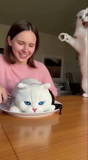 She cut the cake… chocolate poured out… cat freaked out 😱🍫 #cat #funny #shorts #viralshorts #cake