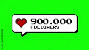900000 followers thank you badge comment balloon social media 8 bits neubrutalism. 900 K followers. Green screen channel. Chroma key. Loop video. Transparent background. Stock Video