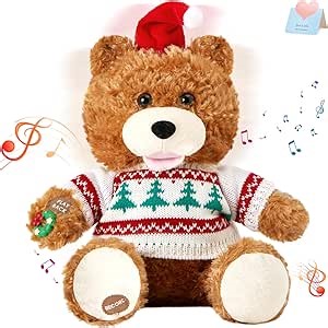 Houwsbaby Christmas Musical Dancing Recording Teddy Bear Interactive Animated Stuffed Animal Singing Wave Plush Electric Toy Xmas Birthday Gifts for Kids Girls Boys 12"(White)