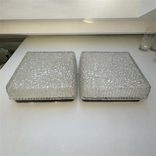Buy Pair of Vintage Holophane Ice Glass Ceiling Lights | Mid Century Modern Flush Mount Lamps | Square Brutalist Lighting Online in India - Etsy