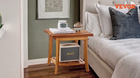 VEVOR Teak Shower Bench, 20in Waterproof Wood Shower Stool with Storage Shelf Non-Slip Foot Pads, 400 lbs Load Capacity Shower Chair Seat, for Bathroom Indoor and Outdoor Use