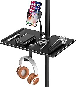 Metal Microphone Stand Tray with Mic Stand Phone Holder - 11.7" x 7.8" Functional Large Mic Stand Tray Shelf for Studio, Concert, Karaoke Clamp on Music Stand Shlef Attachment