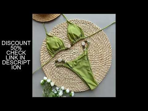 Solid Green Swimwears Sexy Halter Triangle Bead String Bikini Mini Micro Thong Swimsuit Woman 2025 S