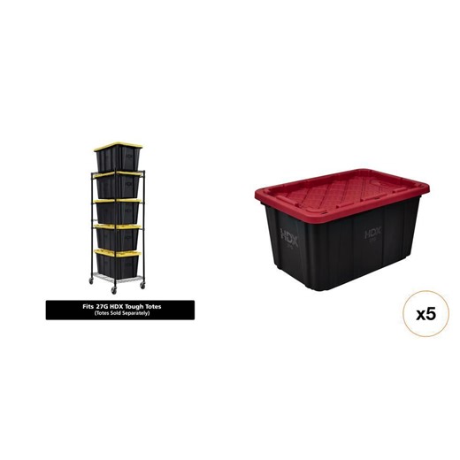 HDX Steel Wire Garage Storage Bin Rack with Casters (22 in. W x 69 in. H x 28.5 in. D) and 27 Gal. Tough Tote Combo - The Home Depot