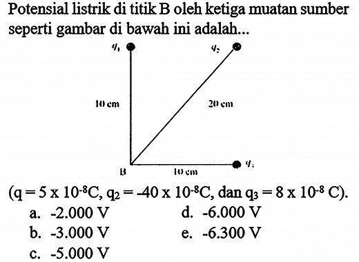 Potensial listrik di titik B oleh ketiga muatan sumber se...