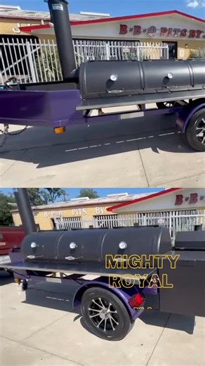 Mighty Royal in Purple! JJ 24”x84”, triple door trailer pit with 20”x20” steak grill attached to the back. Beautiful, standout choice of color! Rule The Smoke ®️ www.pitsbyjj.com 713-691-2922 #bbq #barbeque #texas #custompits | BBQ Pits by JJ