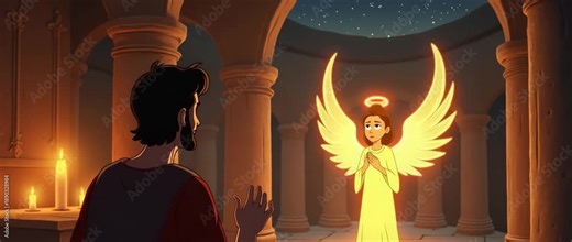 An animated angel appears to a man in a biblical scene. The annunciation story with a glowing divine messenger. Christian faith and nativity cartoon