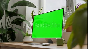 All-in-one computer with a blank green screen, placed on a wooden desk in a bright interior with potted plants.. Smooth camera movment up. CGI 3d render