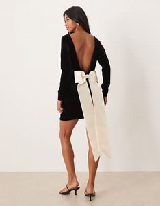 Never Fully Dressed Petite open back mini dress with detachable bow in black | ASOS