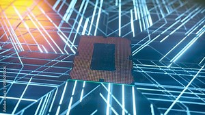 A computer processor with millions of connections and signals. Technology cpu background. Pulses and signals from the chip propagate through the motherboard. 3d animation