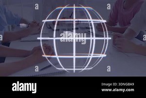 Coworkers tapping table initiating holographic globe forming while reviewing business papers. Technology, innovation, collaboration, digital, futuristic, teamwork, data